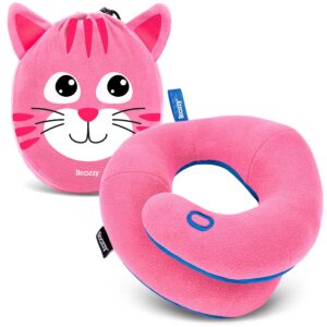 bcozzy travel neck pillow, supports the neck, head & chin, stops the head from falling forward, for car seat & plane, small cat bag, pink