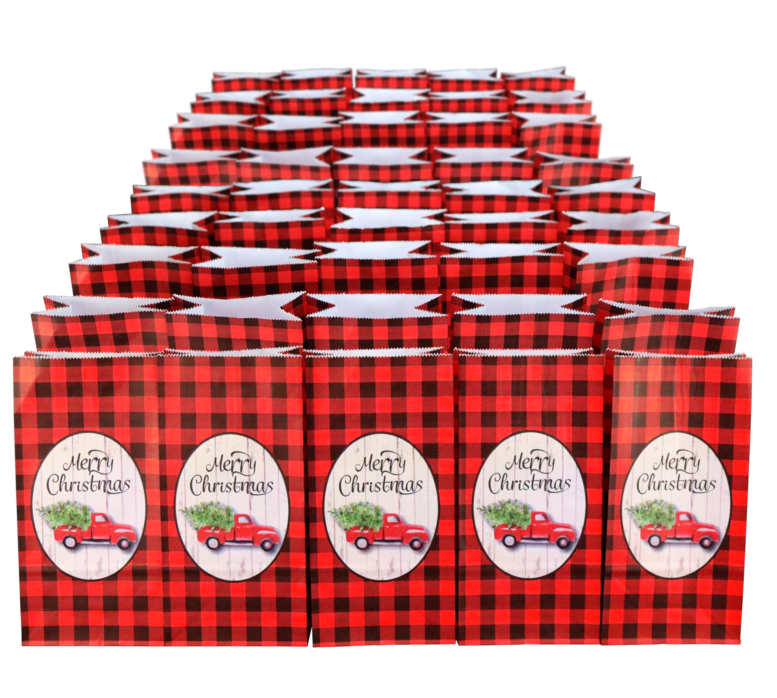 Iconikal Buffalo Plaid with Red Truck Paper Treat Bags, Red, 40-Count Set