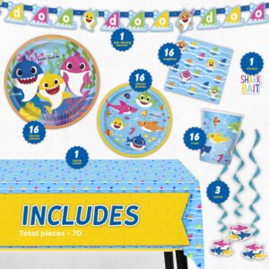 Baby Shark Birthday Decorations Set | Baby Shark Party Supplies | For Boys and Girls | With Banner, Tablecloth Table Cover, Dinner Plates, Cake Plates, Cups, Napkins, Sticker | Serves 16 Guests