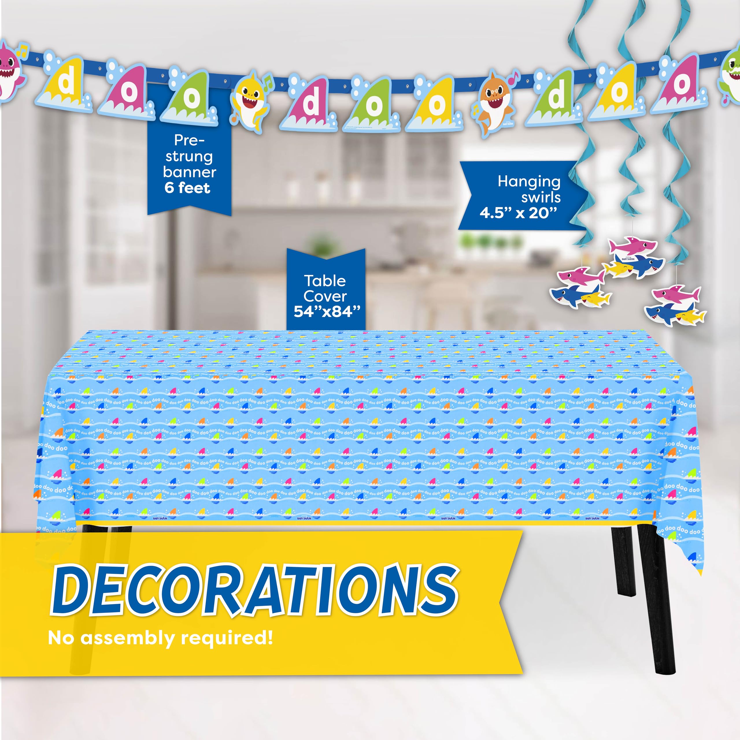 Baby Shark Birthday Decorations Set | Baby Shark Party Supplies | For Boys and Girls | With Banner, Tablecloth Table Cover, Dinner Plates, Cake Plates, Cups, Napkins, Sticker | Serves 16 Guests