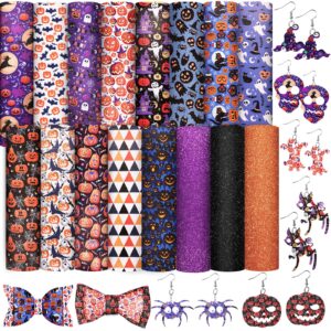 16 pieces halloween ​faux leather sheets pumpkin printed leather fabric sheets ghost spider bat faux leather fabric glitter sequin synthetic leather sheet, 8.3 x 6.3 inch for halloween diy craft decor