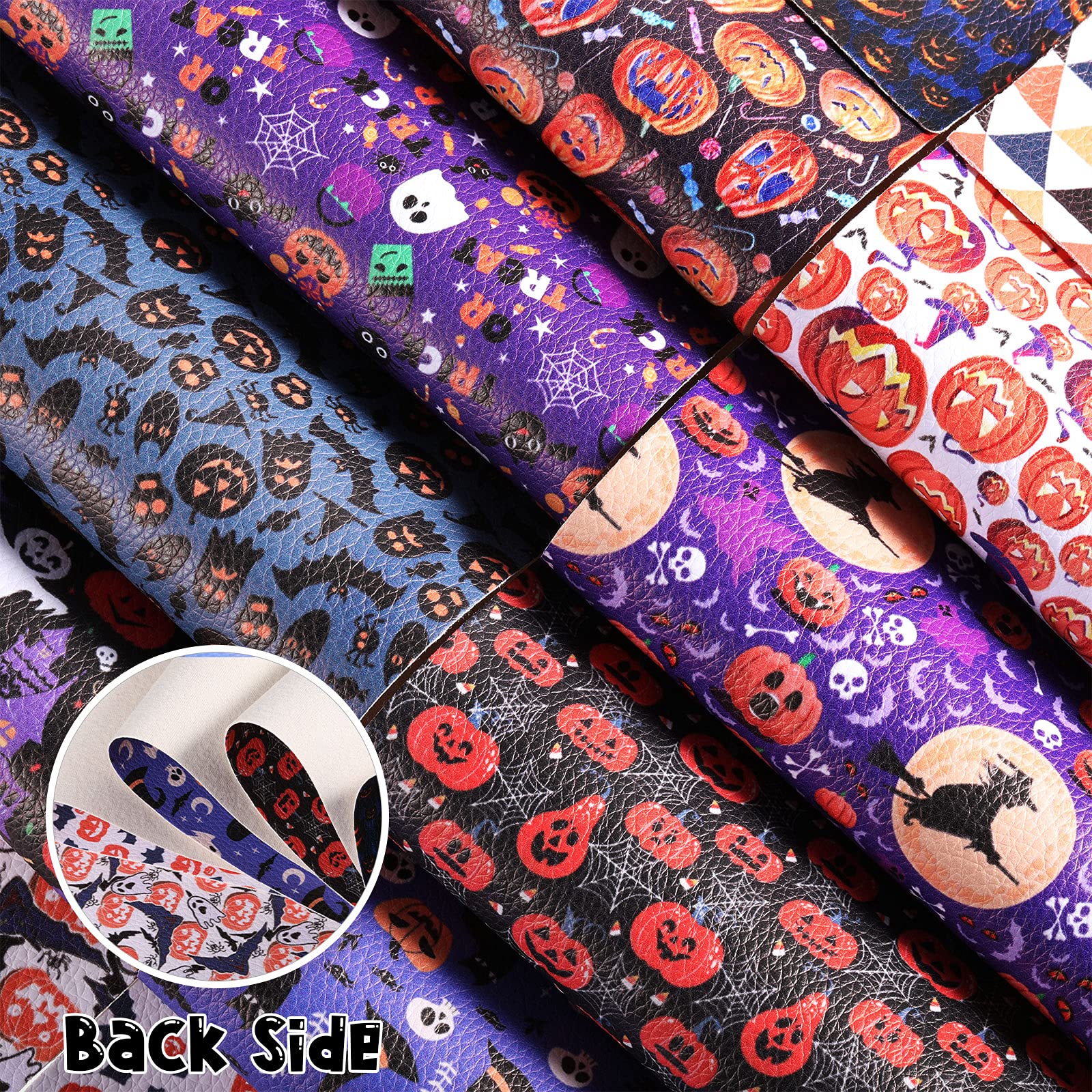 16 Pieces Halloween ​Faux Leather Sheets Pumpkin Printed Leather Fabric Sheets Ghost Spider Bat Faux Leather Fabric Glitter Sequin Synthetic Leather Sheet, 8.3 x 6.3 Inch for Halloween DIY Craft Decor