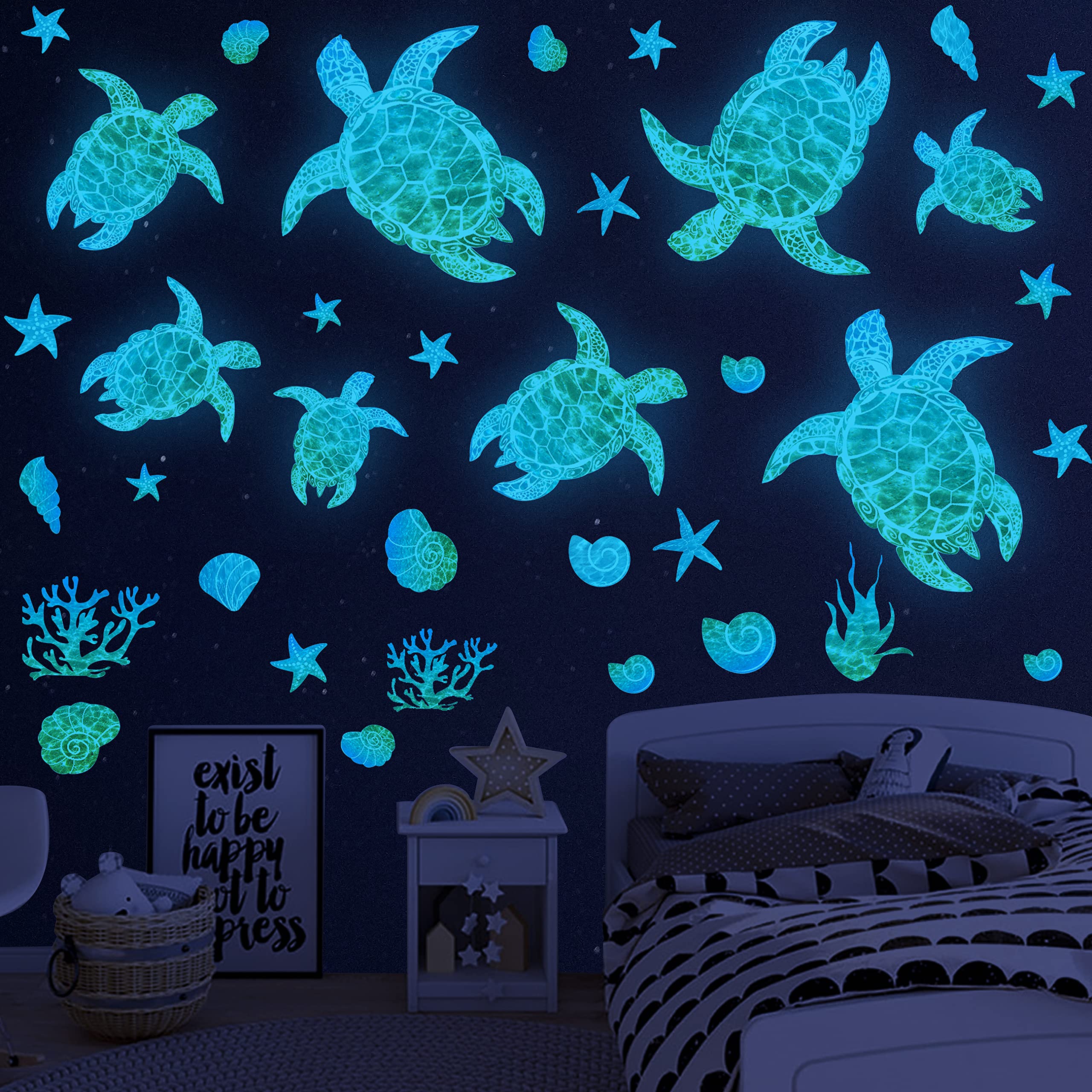 Desert Camel Sea Turtle Wall Decals Stickers Glow in The Dark Vinyl Ocean Under Bathroom Decor for Kids Life Bedroom Nursery Birthday Gifts, Sky Blue