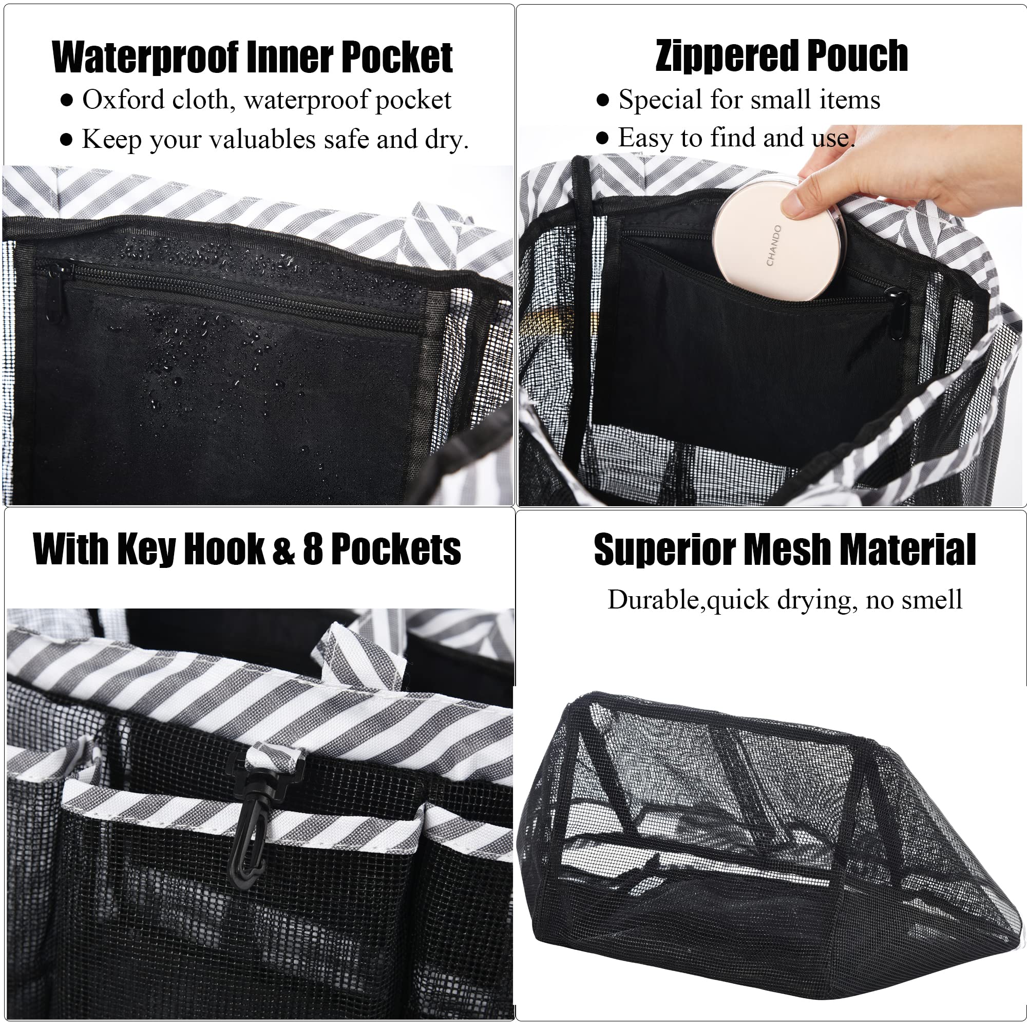 WEHUSE Mesh Shower Caddy Tote with Waterproof Inner Bag, Extra Large Black Portable Shower Caddy for College Dorm Bathroom Camp, 8 Basket Pocket