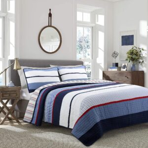 cozy line home fashions navy blue red striped boy 100% cotton reversible quilt bedding set, coverlet, bedspread (harlan, queen - 3 piece)