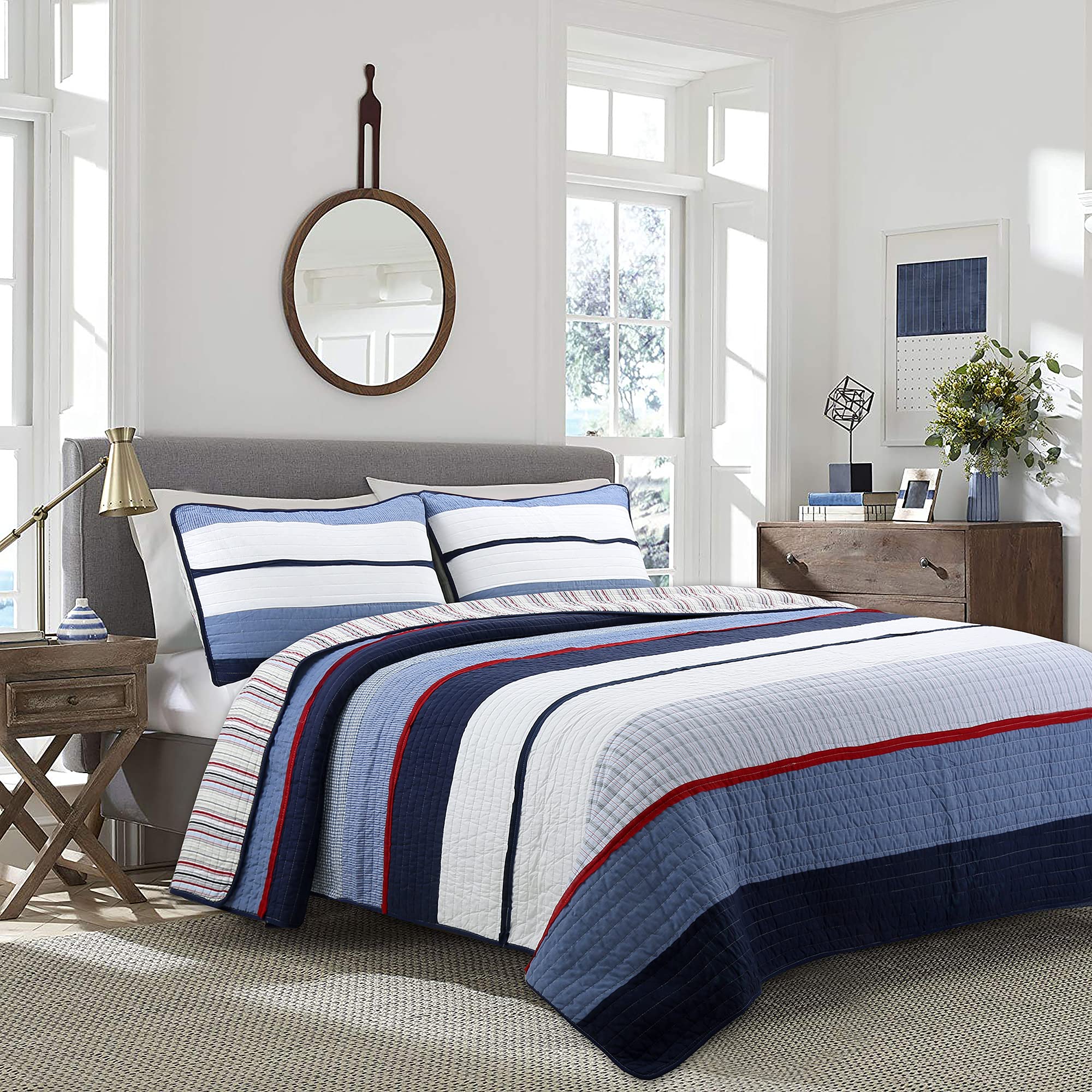 Cozy Line Home Fashions Navy Blue Red Striped Boy 100% Cotton Reversible Quilt Bedding Set, Coverlet, Bedspread (Harlan, Queen - 3 Piece)