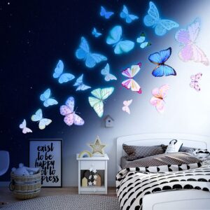 glow butterfly wall decor stickers,58pcs luminous butterfly wall decals colorful wall art butterfly decor diy glow in the dark wall decals for kids girls bedroom bathroom decorations (sky blue)