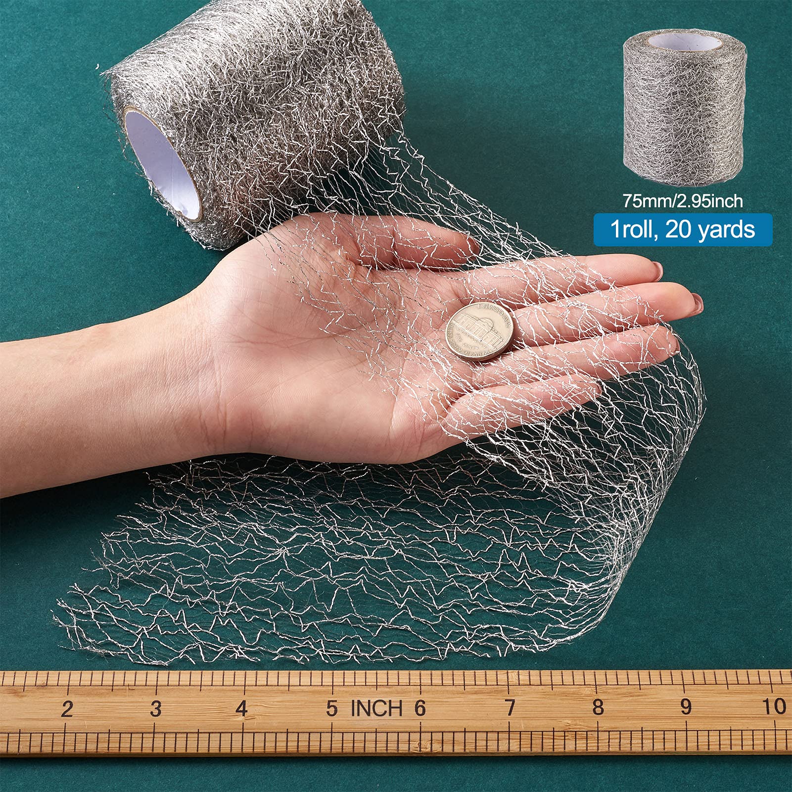 KISSITTY 1 Roll/20 Yards Silver Spiderweb Netting Fabric 75mm Tulle Mesh Fabric Roll Big Hole Tulle for Skirt Flower Poms Wrap Packing DIY Handmade Crafts