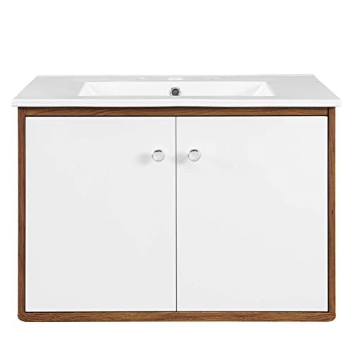 Modway Transmit Wall-Mount, 30" Bathroom Vanity, Walnut White