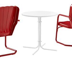 Crosley Furniture Ridgeland 3-Piece Outdoor Bistro Set, Retro Metal Patio Table and Chairs for Dining, Porch, Bright Red Gloss