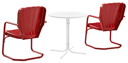 Crosley Furniture Ridgeland 3-Piece Outdoor Bistro Set, Retro Metal Patio Table and Chairs for Dining, Porch, Bright Red Gloss