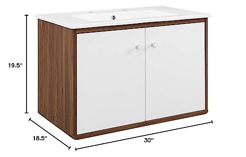 Modway Transmit Wall-Mount, 30" Bathroom Vanity, Walnut White