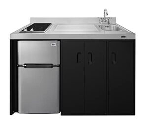 summit appliance ck54sinkr 54" wide all-in-one kitchenette, stainless steel sink and faucet, 2-door refrigerator-freezer, 2-burner smooth-top cooktop, indicator lights, storage compartments