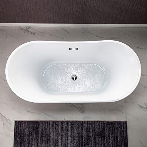 WOODBRIDGE 59" Acrylic Freestanding Bathtub Contemporary Soaking White Tub with Chrome Overflow and Drain，B0016 -C-Drain &O