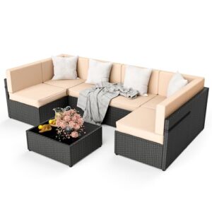 pamapic outdoor rattan sectional sofa conversation set,7 pieces patio furniture with tea table and washable cushions, cream