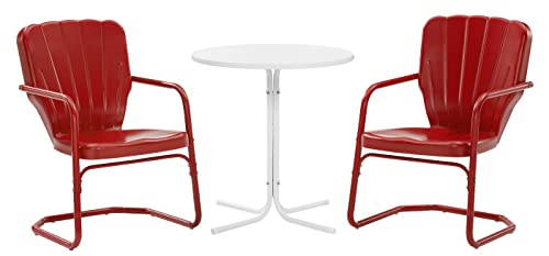 Crosley Furniture Ridgeland 3-Piece Outdoor Bistro Set, Retro Metal Patio Table and Chairs for Dining, Porch, Bright Red Gloss