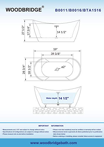 WOODBRIDGE 59" Acrylic Freestanding Bathtub Contemporary Soaking White Tub with Chrome Overflow and Drain，B0016 -C-Drain &O