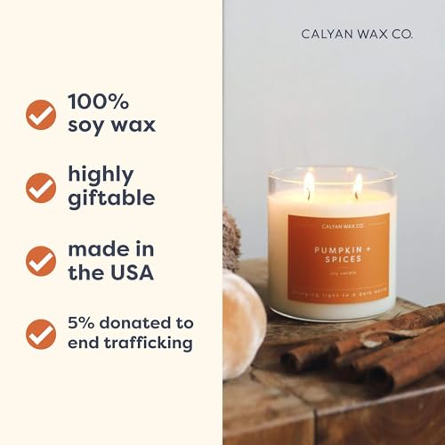 Pumpkin Spice Scented Holiday Candle, Soy Wax Candles for The Home Scented with Phthalate Free Oils, 3.5 x 3 inch, 8.8 oz, 37 Hour Burn Time Fall Candles & Home Decor in Glass Jar - Calyan Wax