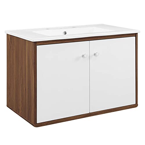 Modway Transmit Wall-Mount, 30" Bathroom Vanity, Walnut White