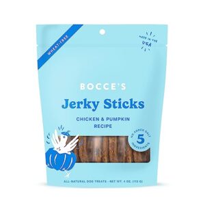 bocce's bakery jerky stick dog treats, wheat-free, made with limited-ingredients, baked in the usa with no added salt or sugar, all-naural & high-protein, chicken & pumpkin, 4 oz