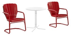 crosley furniture ridgeland 3-piece outdoor bistro set, retro metal patio table and chairs for dining, porch, bright red gloss