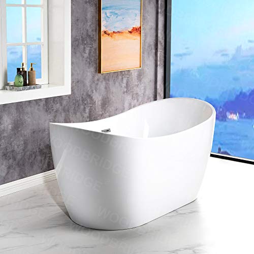 WOODBRIDGE 59" Acrylic Freestanding Bathtub Contemporary Soaking White Tub with Chrome Overflow and Drain，B0016 -C-Drain &O