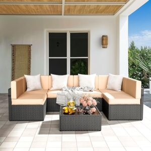 Pamapic Outdoor Rattan Sectional Sofa Conversation Set,7 Pieces Patio Furniture with Tea Table and Washable Cushions, Cream