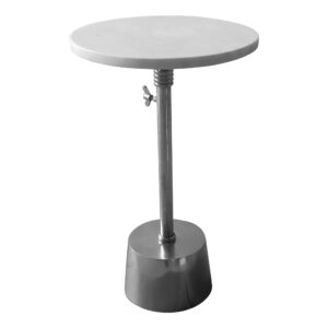 benjara aluminum frame round side table with marble top and adjustable height, white and silver