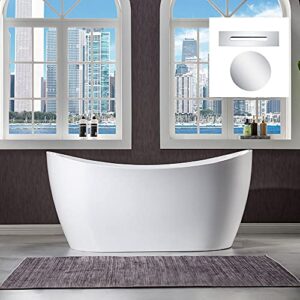 WOODBRIDGE 59" Acrylic Freestanding Bathtub Contemporary Soaking White Tub with Chrome Overflow and Drain，B0016 -C-Drain &O