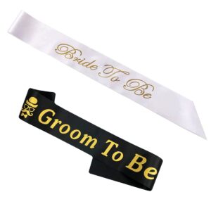 bachelorette party sash set- bride and groom sash for wedding bridal shower party decorations (white and black)