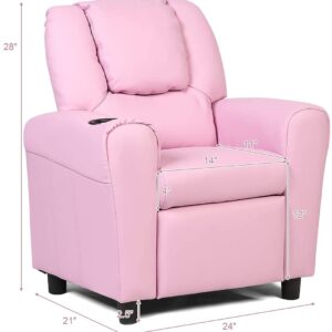 LDAILY Kids Recliner, PU Leather Kids Lounge Chair with Cup Holder, Adjustable Footrest, Ergonomic Toddler Furniture Sofa for Children, Boys & Girls, Living Room, Toddler Recliner, Pink