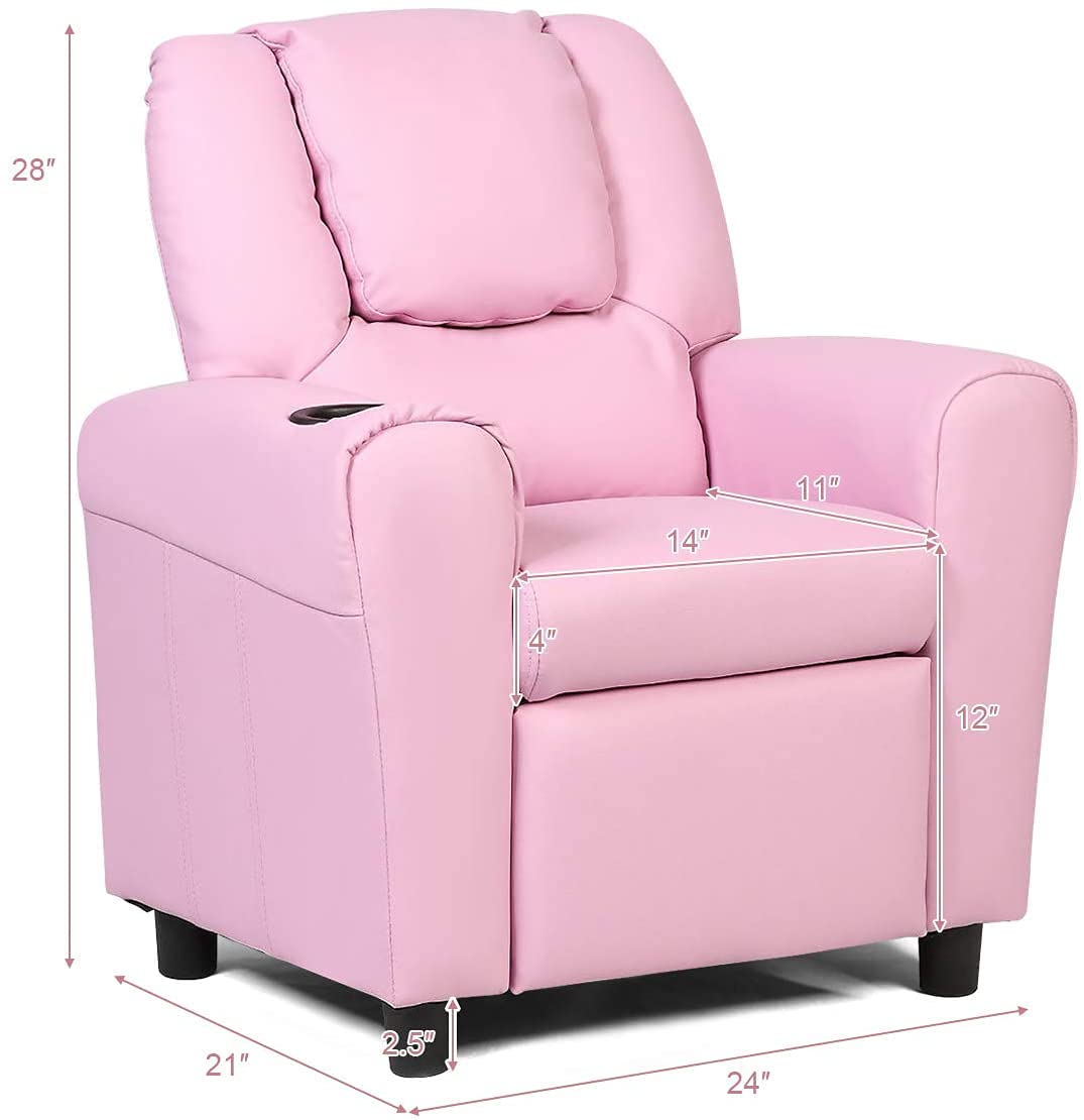 LDAILY Kids Recliner, PU Leather Kids Lounge Chair with Cup Holder, Adjustable Footrest, Ergonomic Toddler Furniture Sofa for Children, Boys & Girls, Living Room, Toddler Recliner, Pink