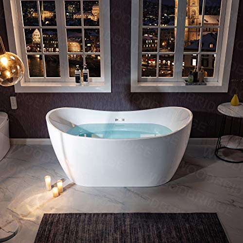 WOODBRIDGE 59" Acrylic Freestanding Bathtub Contemporary Soaking White Tub with Chrome Overflow and Drain，B0016 -C-Drain &O