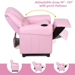 LDAILY Kids Recliner, PU Leather Kids Lounge Chair with Cup Holder, Adjustable Footrest, Ergonomic Toddler Furniture Sofa for Children, Boys & Girls, Living Room, Toddler Recliner, Pink