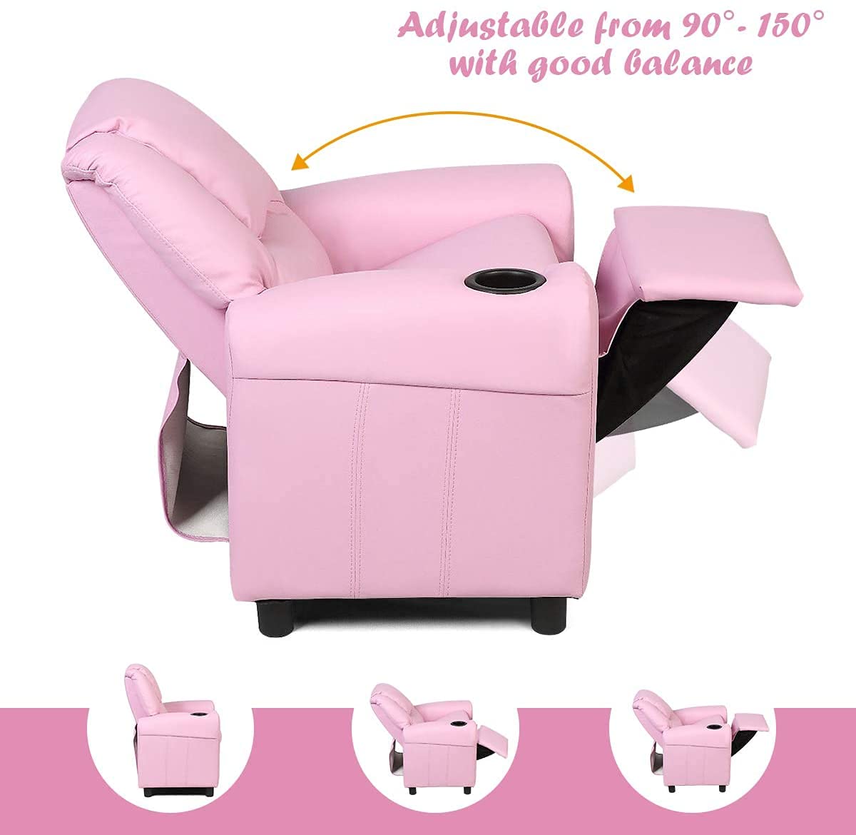 LDAILY Kids Recliner, PU Leather Kids Lounge Chair with Cup Holder, Adjustable Footrest, Ergonomic Toddler Furniture Sofa for Children, Boys & Girls, Living Room, Toddler Recliner, Pink