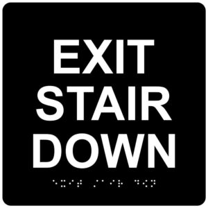 compliancesigns.com exit stair down sign, ada-compliant braille and raised letters, 6x6 inch white on black acrylic with adhesive mounting strips