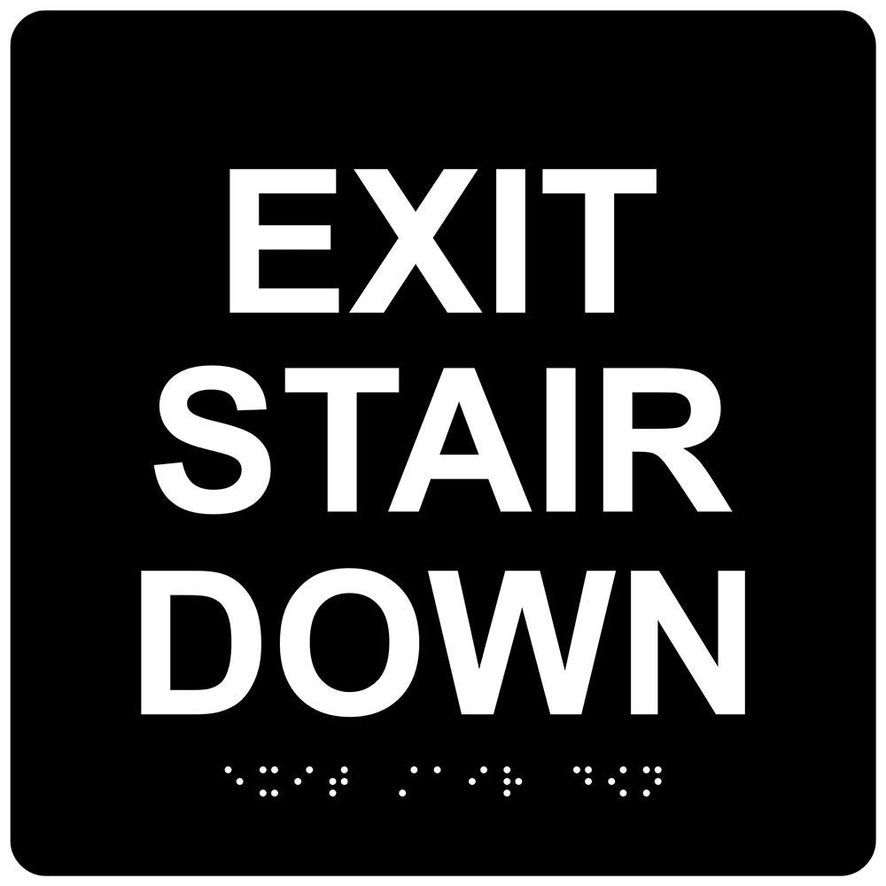 ComplianceSigns.com Exit Stair Down Sign, ADA-Compliant Braille and Raised Letters, 6x6 inch White on Black Acrylic with Adhesive Mounting Strips