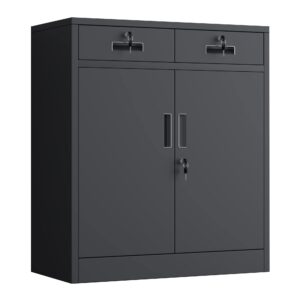 jingur metal storage cabinet with locking doors and 2 drawers, lockable storage cabinets with adjustable shelf for home office and garage (black)