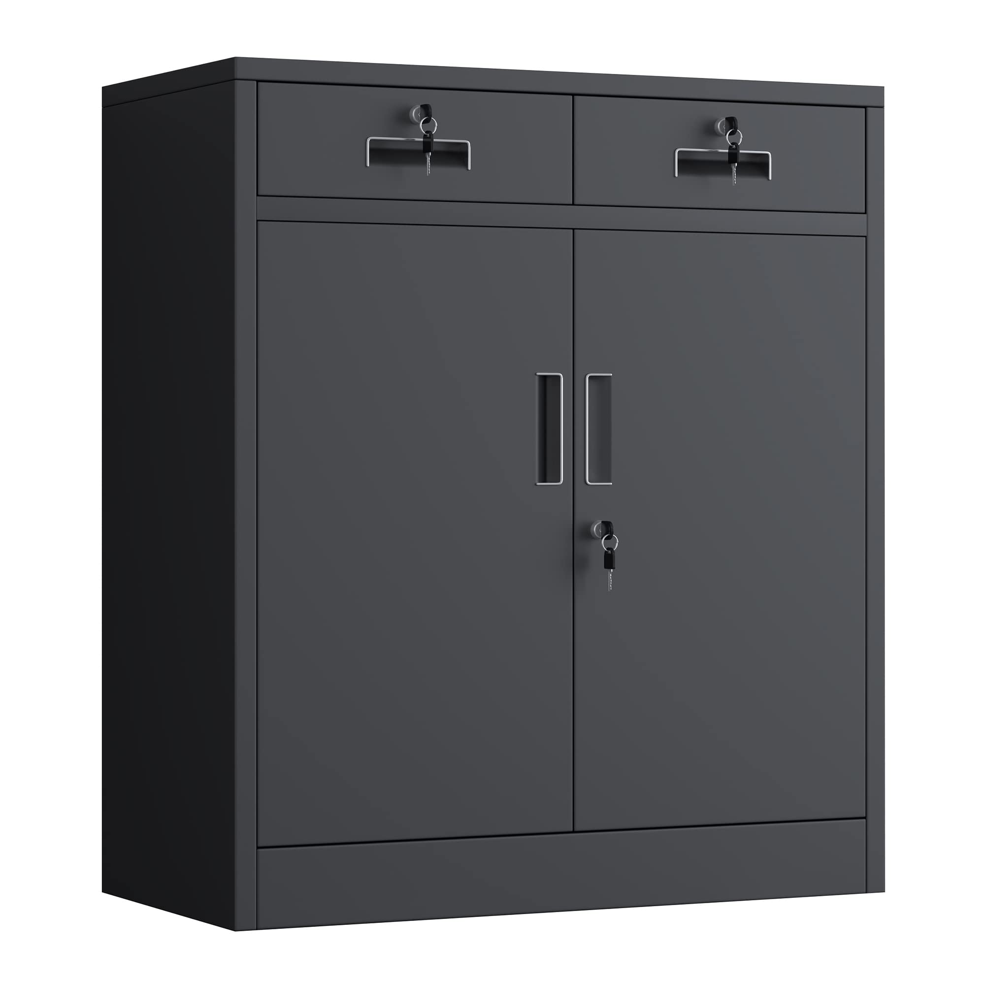 JINGUR Metal Storage Cabinet with Locking Doors and 2 Drawers, Lockable Storage Cabinets with Adjustable Shelf for Home Office and Garage (Black)