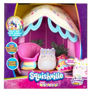 squishville by original squishmallows deluxe glamping playscene - includes 2-inch paulita the pink tabby cat, bucket chair, sleeping bag & glamping playscene - toys for kids