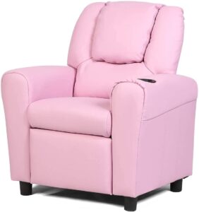 ldaily kids recliner, pu leather kids lounge chair with cup holder, adjustable footrest, ergonomic toddler furniture sofa for children, boys & girls, living room, toddler recliner, pink