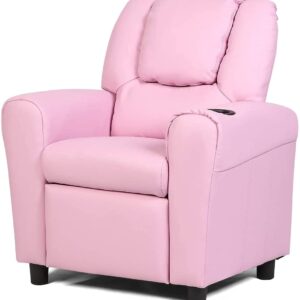 LDAILY Kids Recliner, PU Leather Kids Lounge Chair with Cup Holder, Adjustable Footrest, Ergonomic Toddler Furniture Sofa for Children, Boys & Girls, Living Room, Toddler Recliner, Pink