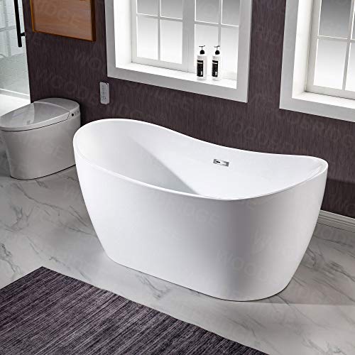 WOODBRIDGE 59" Acrylic Freestanding Bathtub Contemporary Soaking White Tub with Chrome Overflow and Drain，B0016 -C-Drain &O