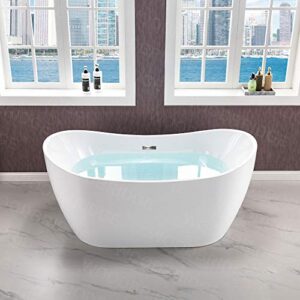 WOODBRIDGE 59" Acrylic Freestanding Bathtub Contemporary Soaking White Tub with Chrome Overflow and Drain，B0016 -C-Drain &O