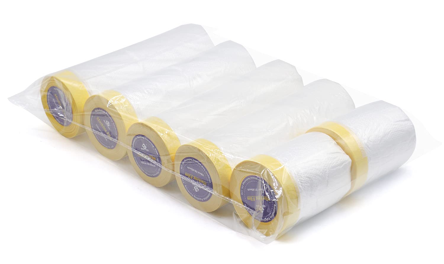 BOMEI PACK 6Rolls Pre-Taped Masking Film, Tape and Drape for Automotive Painting Covering, 3 Multi Size x 66Feet/ Roll