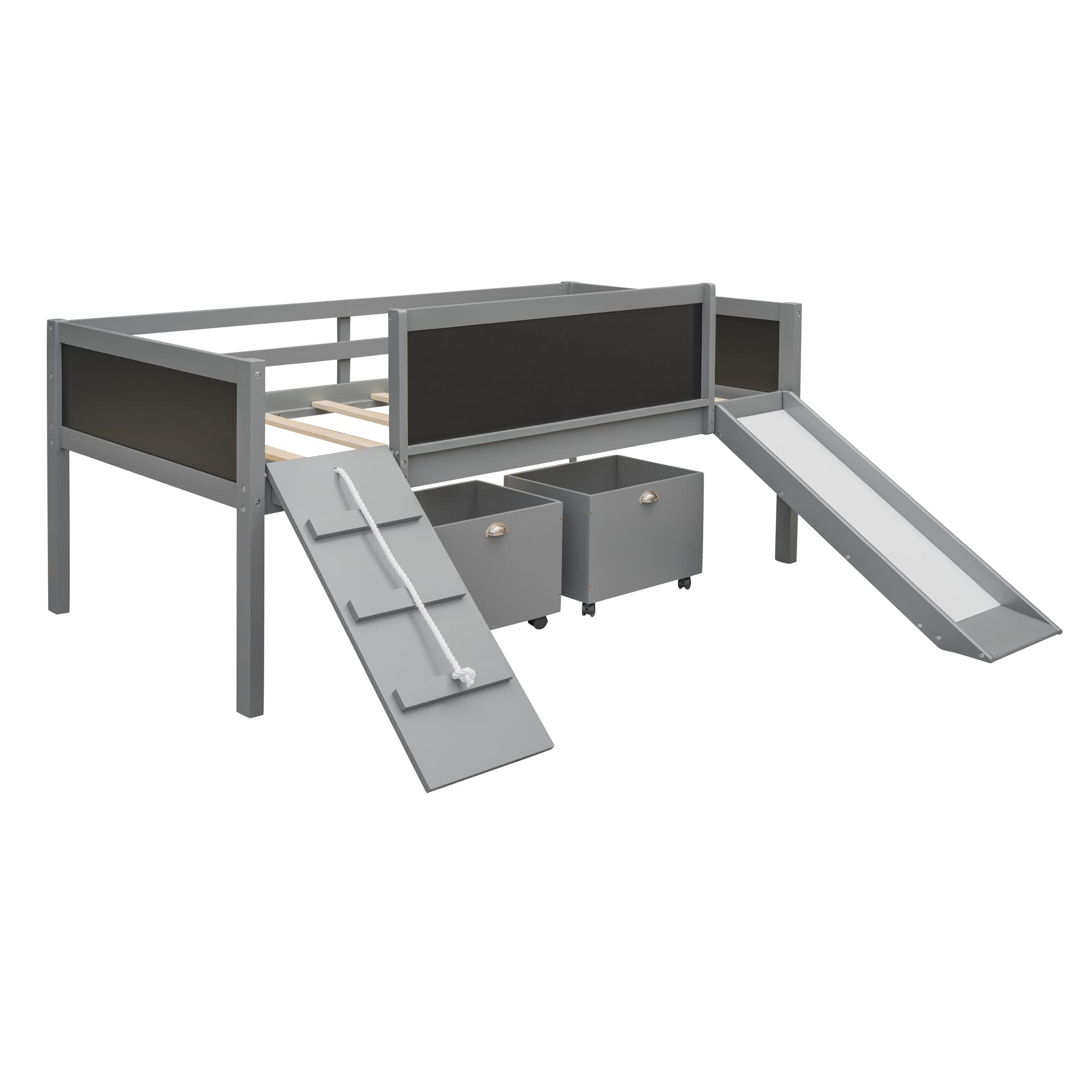 Bellemave Low Loft Bed with Slide, Twin, Grey, Wooden Frame, Storage Boxes, Chalk Board for Kids