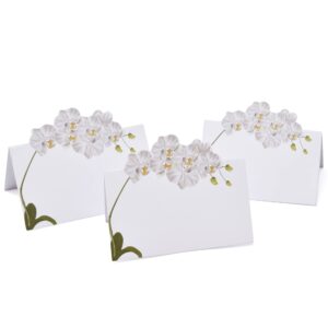 100 Pack White Orchid Floral Place Cards Flower Wedding Seating Name Card Table Setting Folded Tent Cards for Wedding Placement Party Decorations