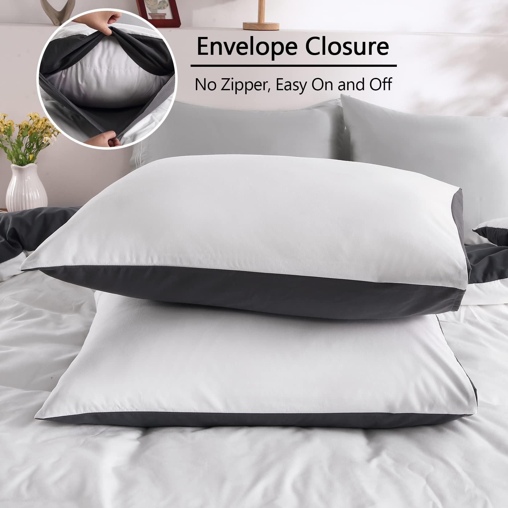 White Duvet Cover King Size, Ultra Soft Double Brushed Microfiber Duvet Cover Set 3 Pieces with Zipper Closure, Reversible Duvet Cover for All Season, White/Charcoal Grey, 104x90 Inches