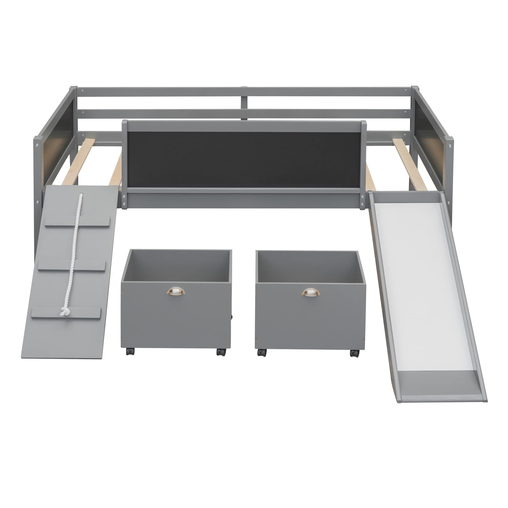 Bellemave Low Loft Bed with Slide, Twin, Grey, Wooden Frame, Storage Boxes, Chalk Board for Kids