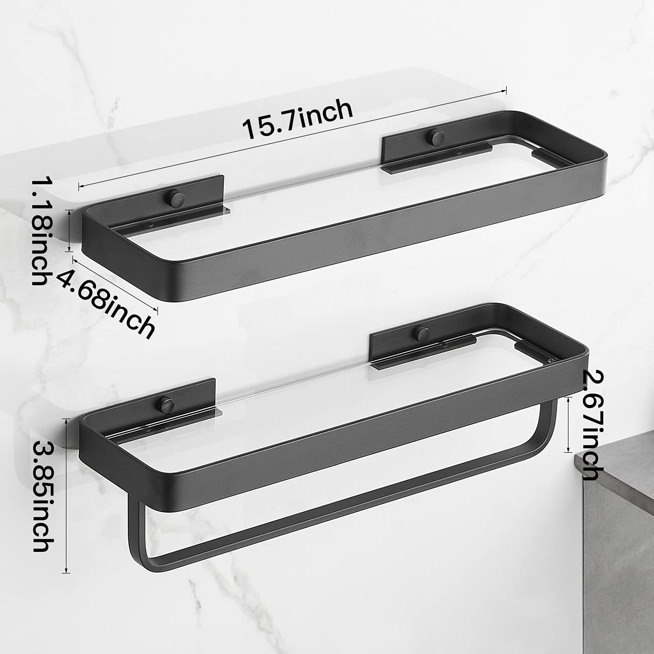 VOLPONE Bathroom Shelves Wall Mounted Glass Shelf for Bathroom Floating Shelf Tempered Glass Black Bathroom Wall Organizer 2-Tier